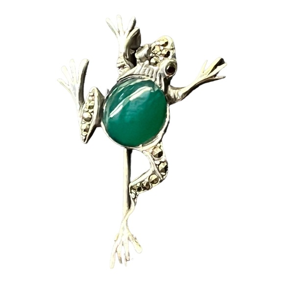 Jewelry | Vintage Sterling Silver Marcasite Green Stone Frog Pin Brooch ...